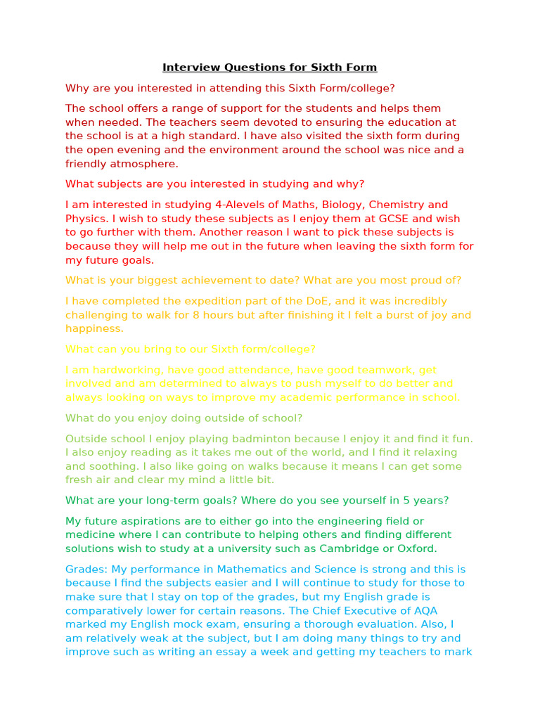 Interview Questions For Sixth Form | PDF