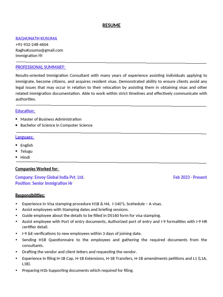 Immigration Consultant Resume - H1B Expert | PDF | H 1 B Visa | Travel Visa