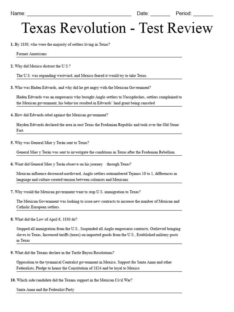 Texas Revolution Test Review Answer Key | PDF | Mexican Texas | Texas ...