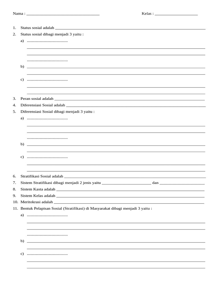 Soal IPS Kelas 7 SMP - Status, Peran Sosial, Diferensiasi, Dan Stratifikasi Sosial (Glori) | PDF