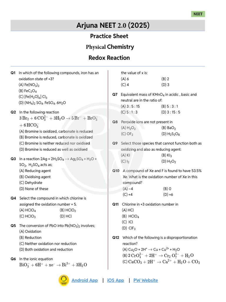 Redox Reactions - Practice Sheet - Arjuna NEET 2.0 2025 | PDF | Redox ...