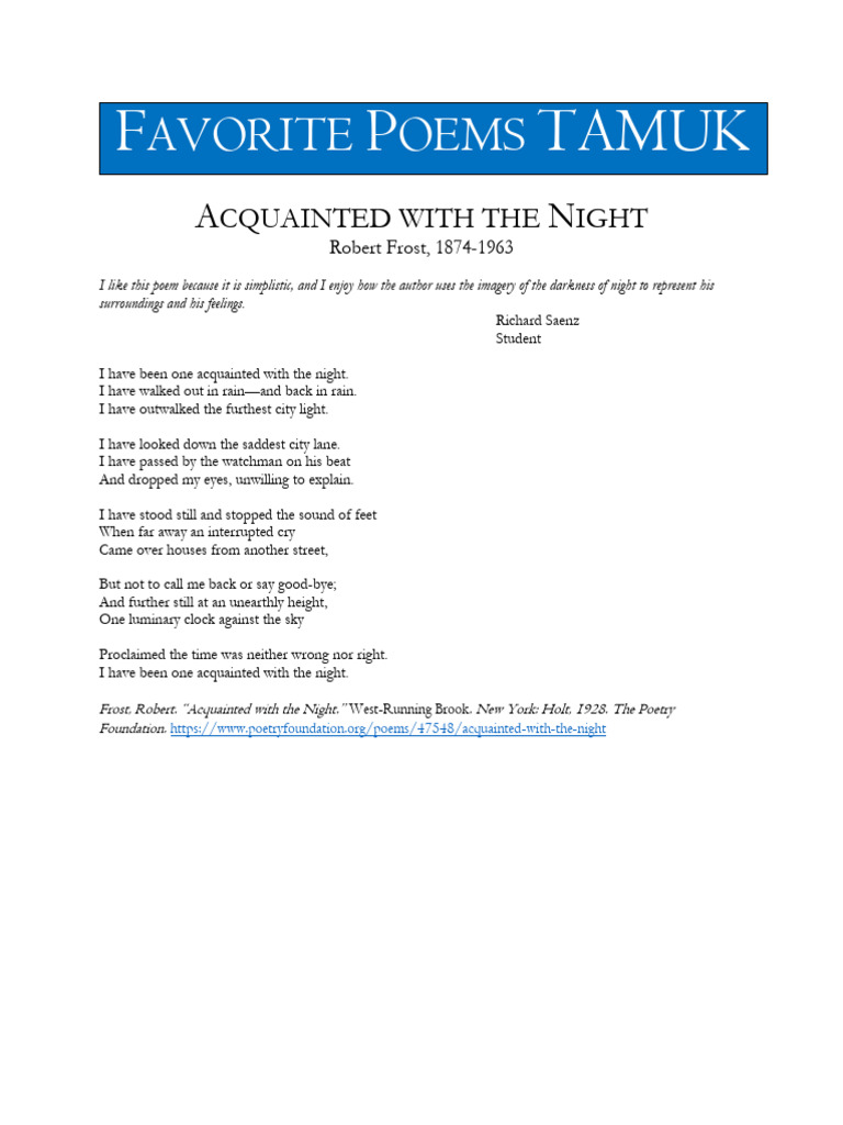Analysis of Frost's "Acquainted with the Night" | PDF
