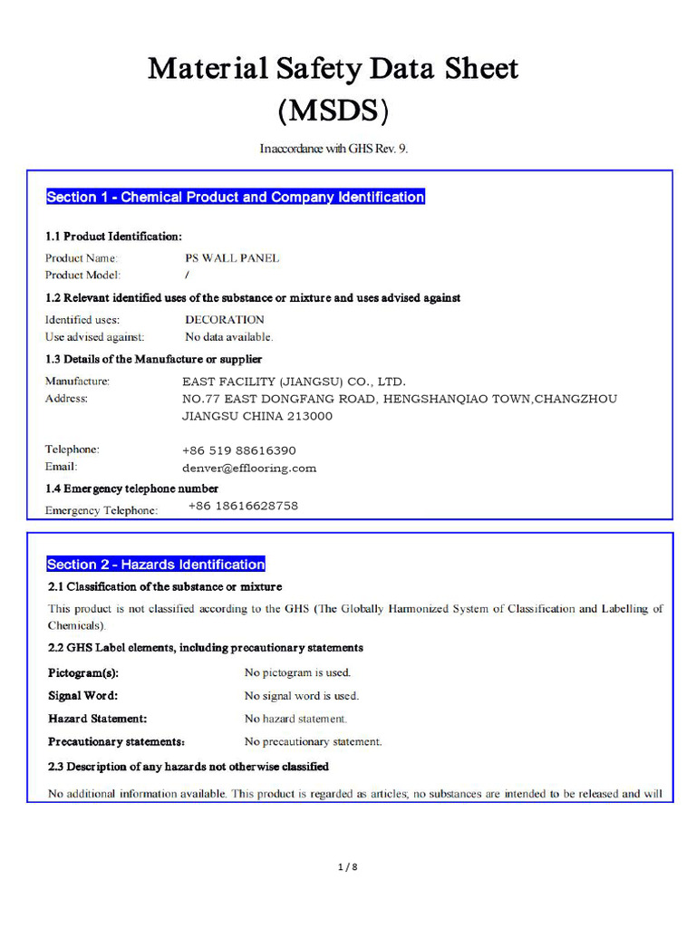 Interior PS Wall Panel-Msds | PDF
