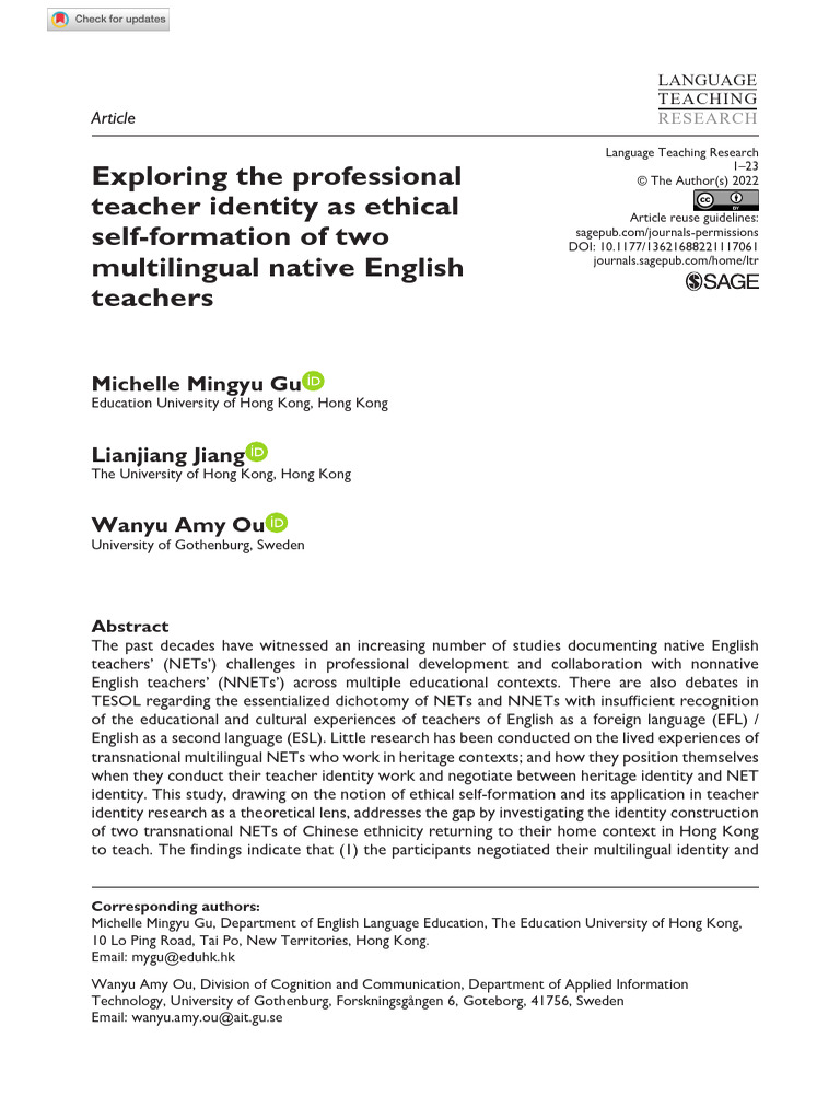 Gu Et Al 2022 Exploring The Professional Teacher Identity As Ethical ...
