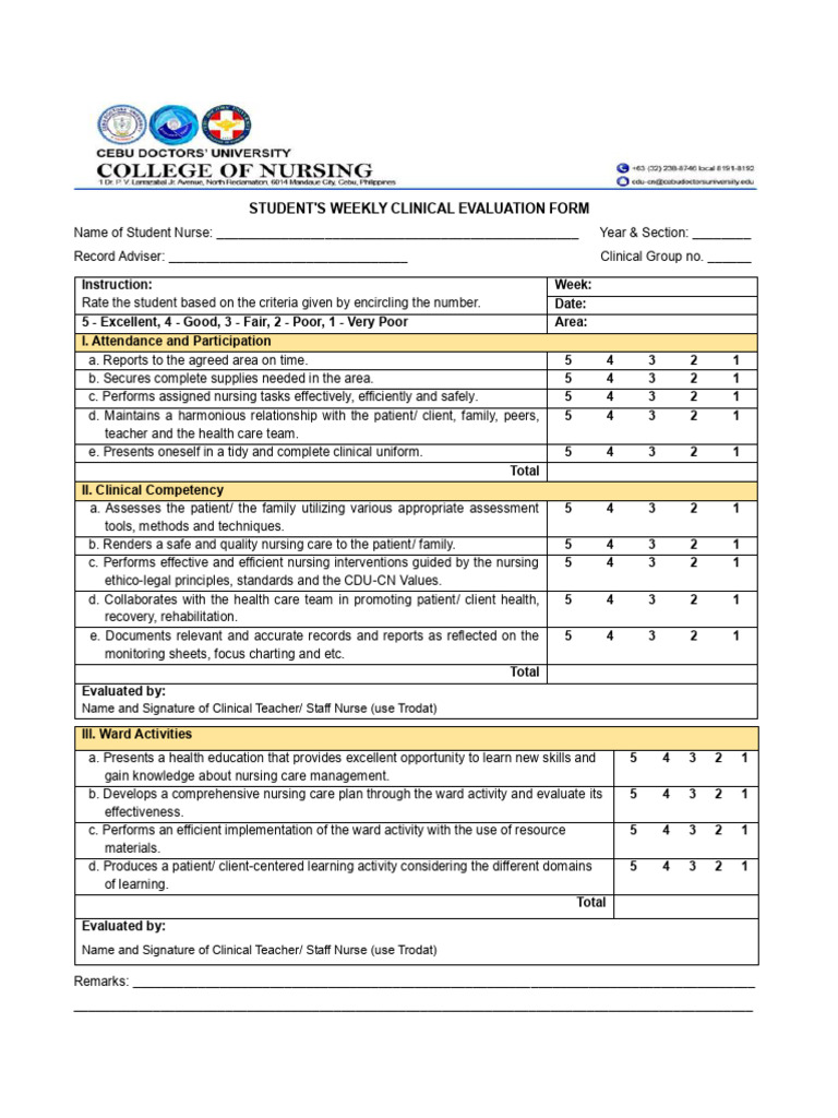 Weekly Clinical Evaluation Form | PDF | Nursing | Teachers