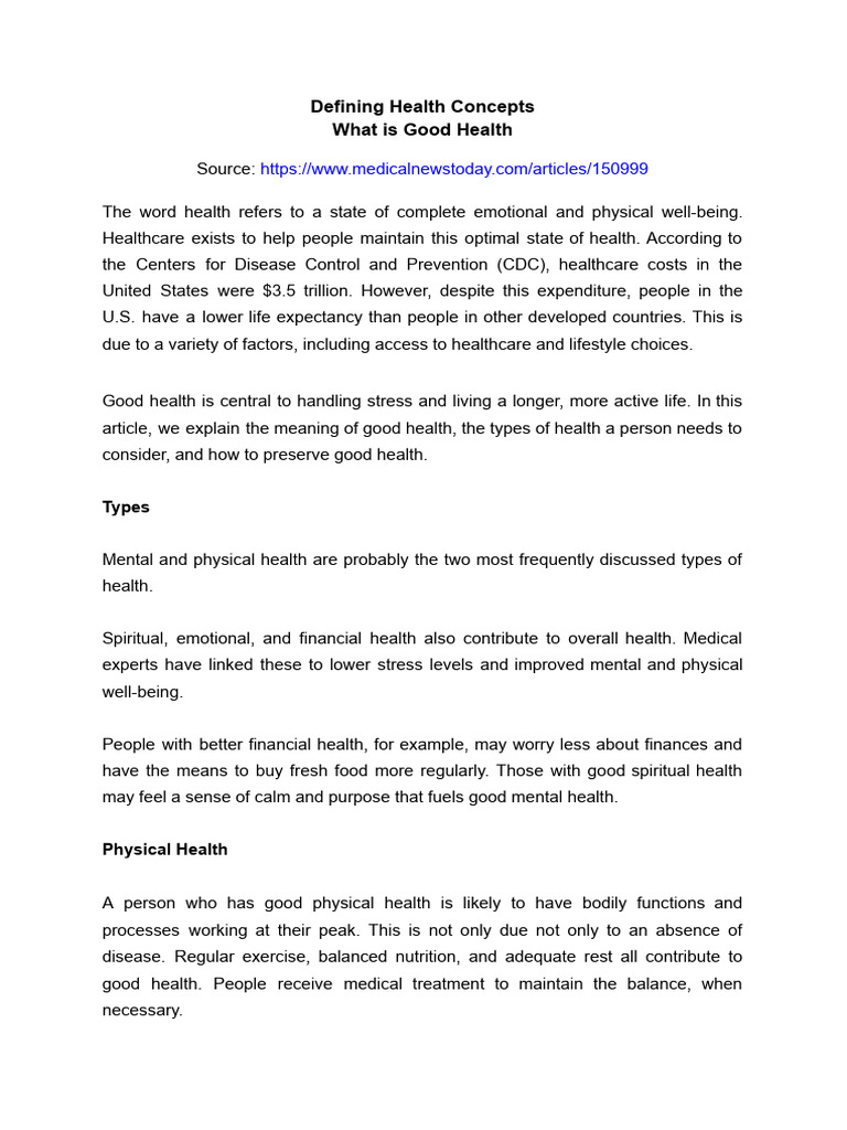 Understanding Good Health Concepts | PDF | Mental Health ...