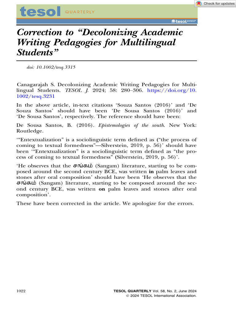 TESOL Quarterly - 2024 - Correction To Decolonizing Academic Writing ...
