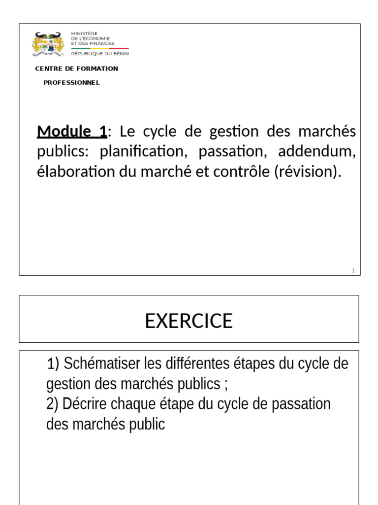 Module 1 Le Cycle de Gestion Des Marchés Publics Planification Passation Addendum Élaboration Du ...