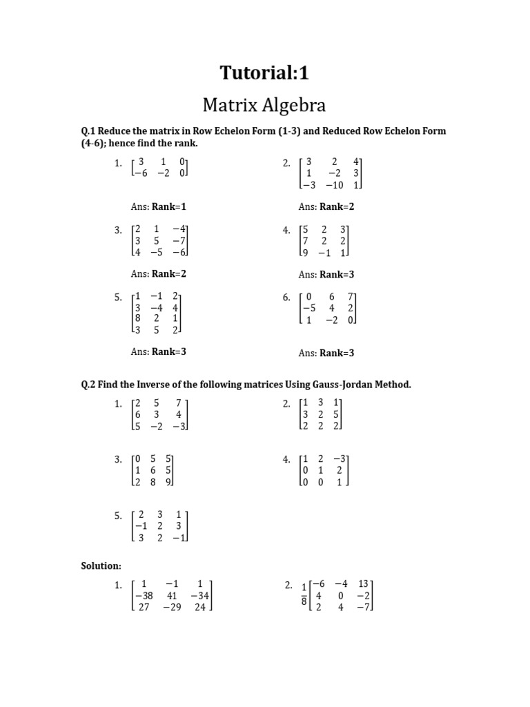 Tutorial 1 Matrix Algebra | PDF | Algebra | Mathematical Physics