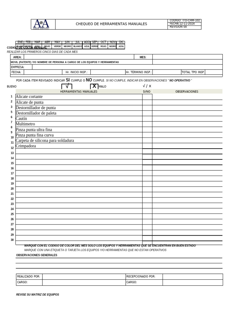 A&a-101-Lista de Chequeo Herramientas Manuales | PDF