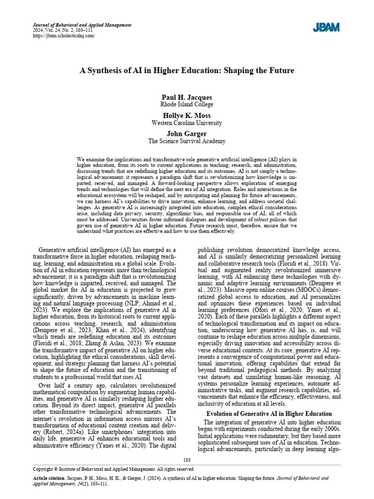 A Synthesis of AI in Higher Education Shaping The | PDF | Artificial ...