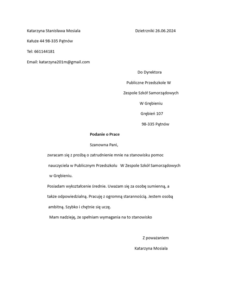 Podanie o Prace | PDF