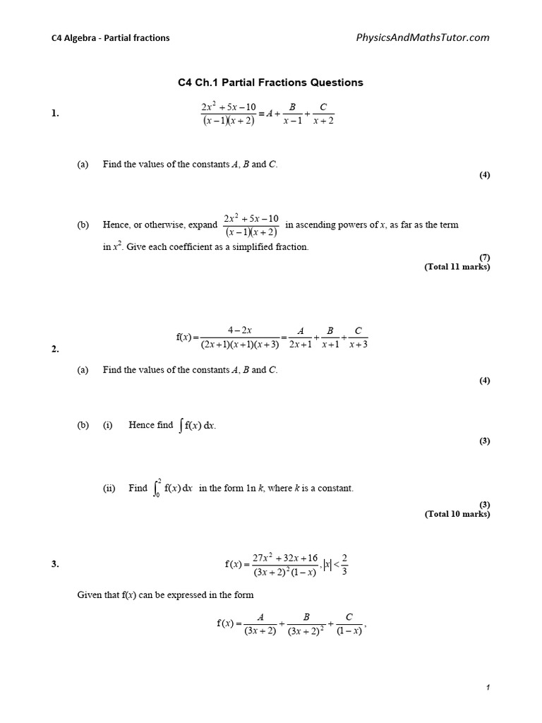 C4 Algebra - Partial Fractions | PDF | Algebra | Mathematics