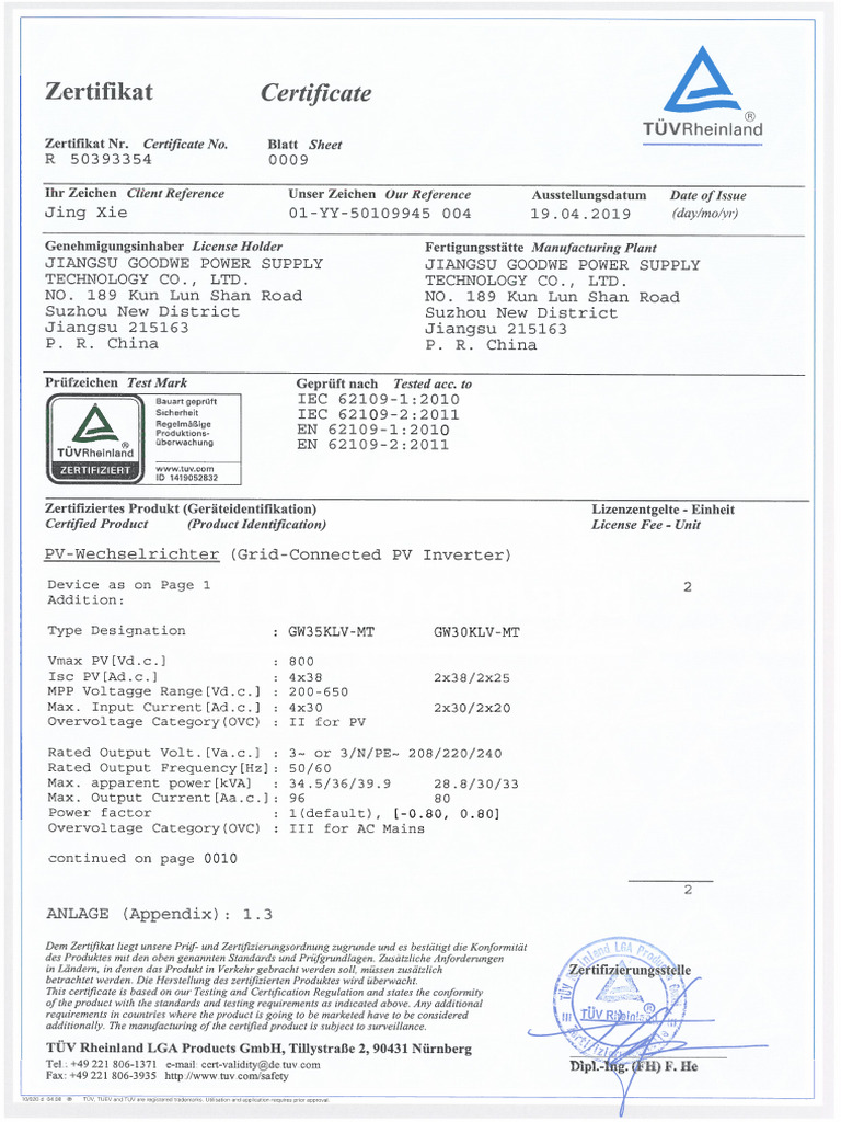 Certificado IEC - Inversor Goodwe 30kW Trifásico - 220V (GW30KLV-MT) | PDF
