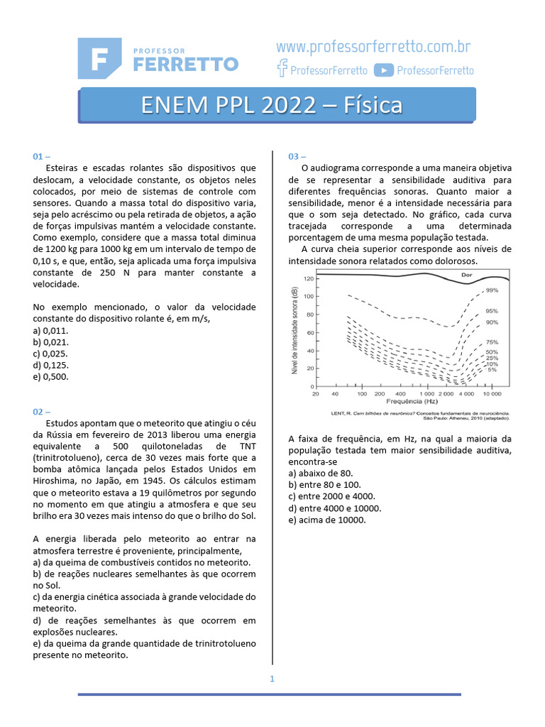 Questões de Física para ENEM PPL 2022 | PDF | Eletricidade | Lâmpada ...