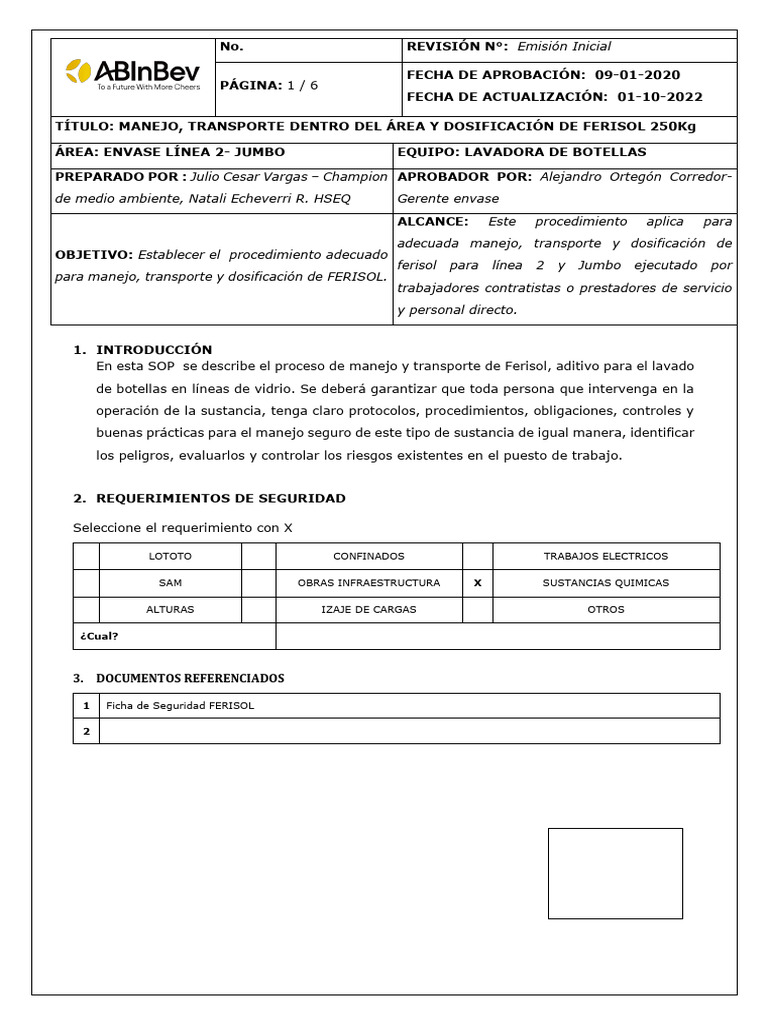 Boy-Env-sop-1 Sop Manejo , Transporte y Dosifciación Ferisol | PDF ...