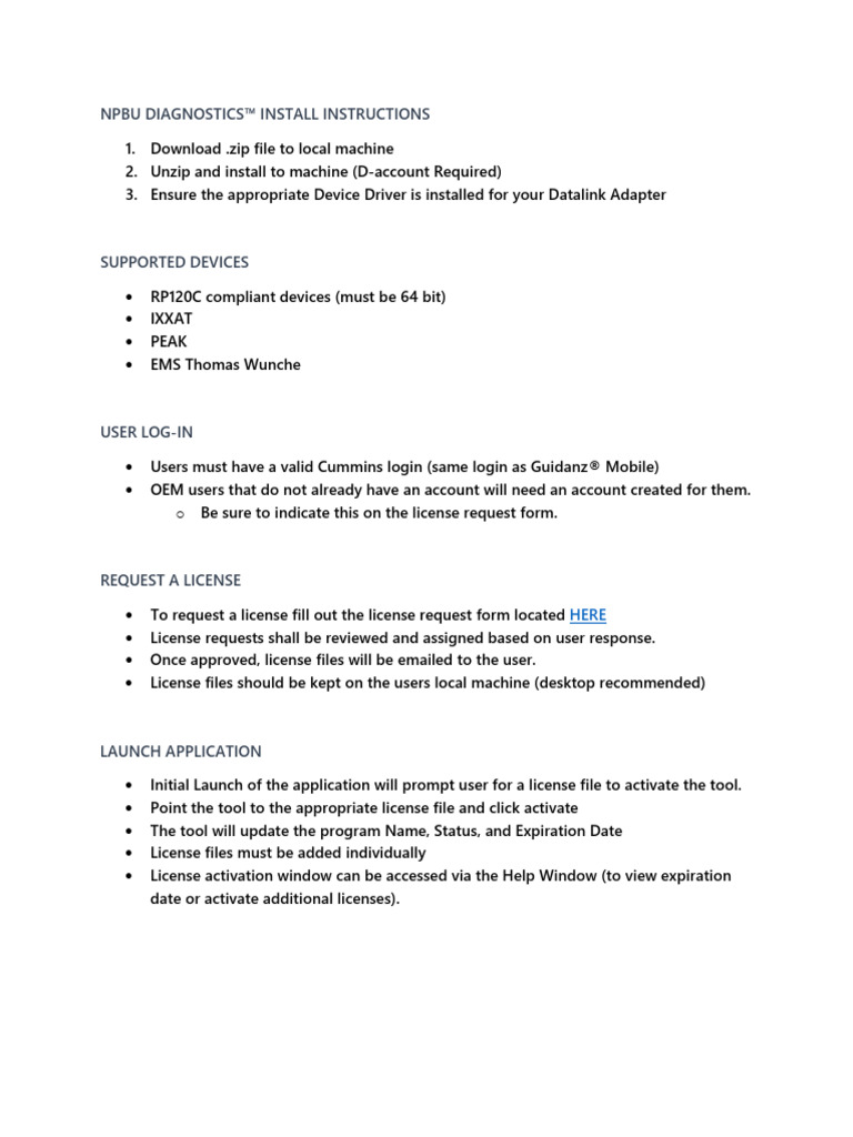 NPBU DIAGNOSTICS - Install and License Activation Instructions | PDF