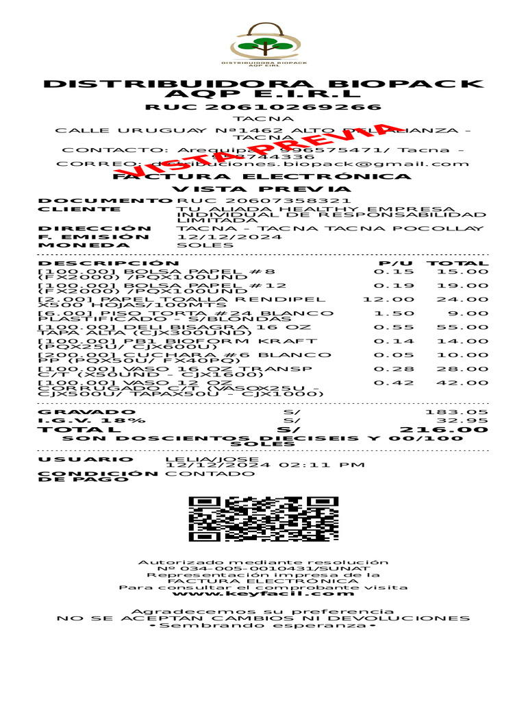 AP RE VI A: Distribuidora Biopack Aqp E.I.R.L | PDF