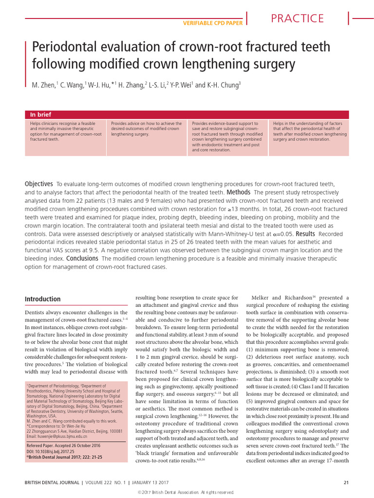 2017 - Periodontal Evaluation of Crown-Root Fractured Teeth Following ...