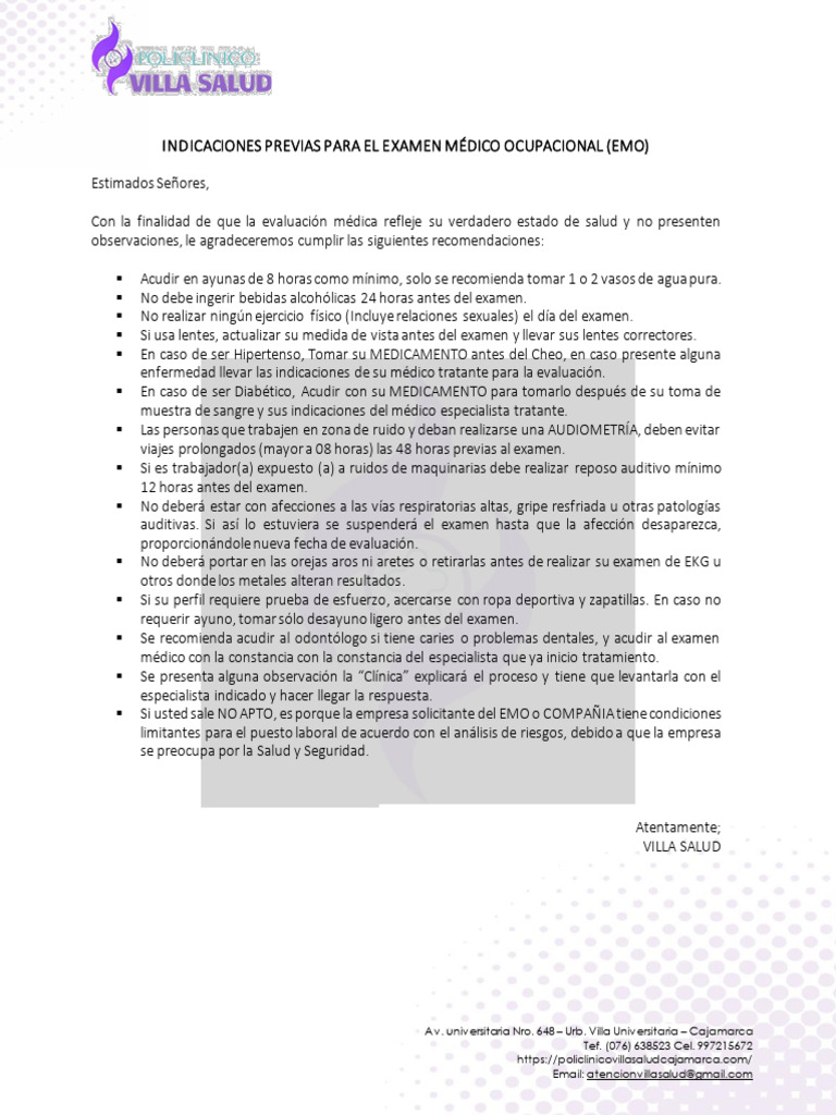 FO-SSOMA-02 Indicaciones Previas Al EMO | PDF | Ciencias de la Salud ...