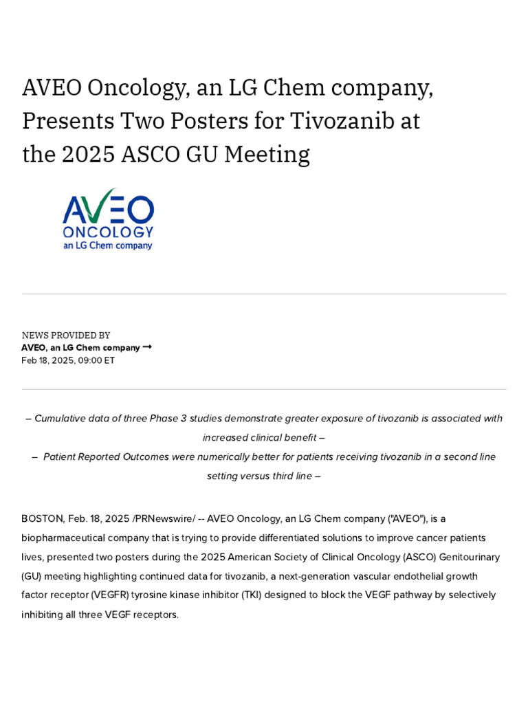 AVEO Oncology An LG Chem Company Presents Two Posters For Tivozanib at ...