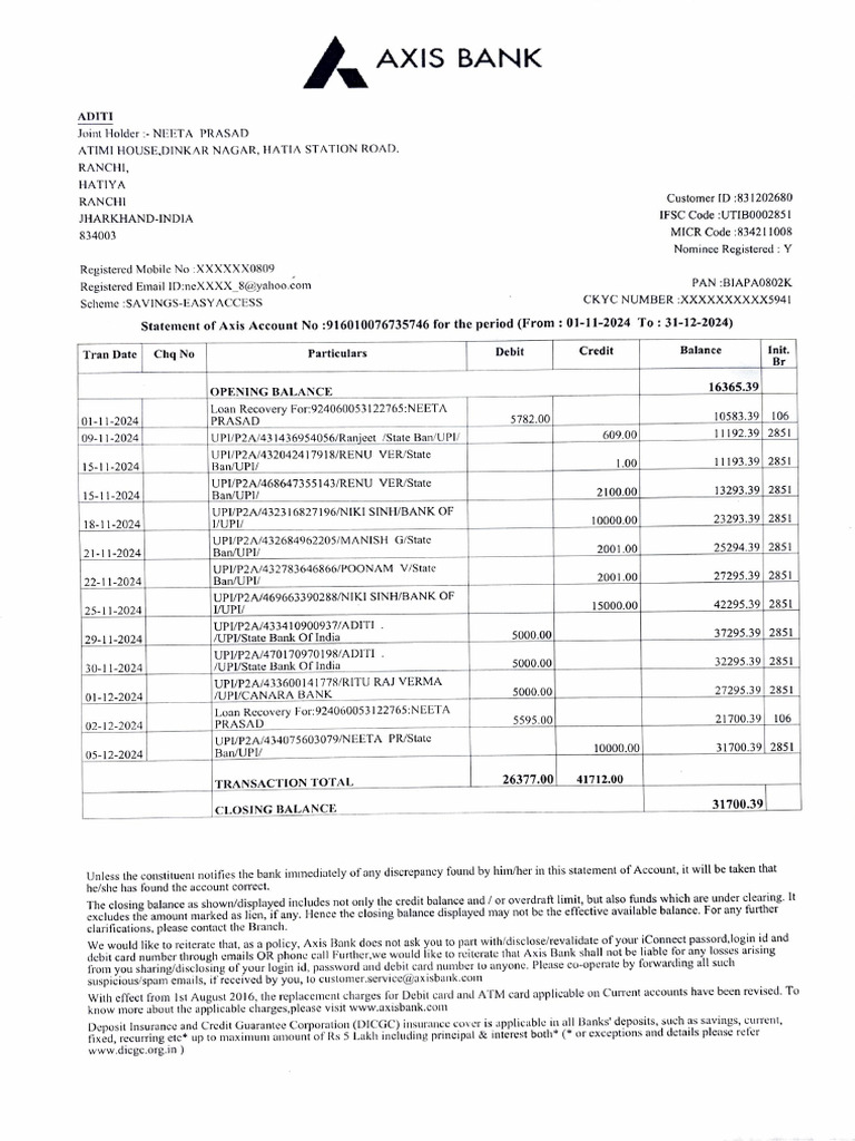 Axis Bank Statement Overview | PDF | Debit Card | Banks