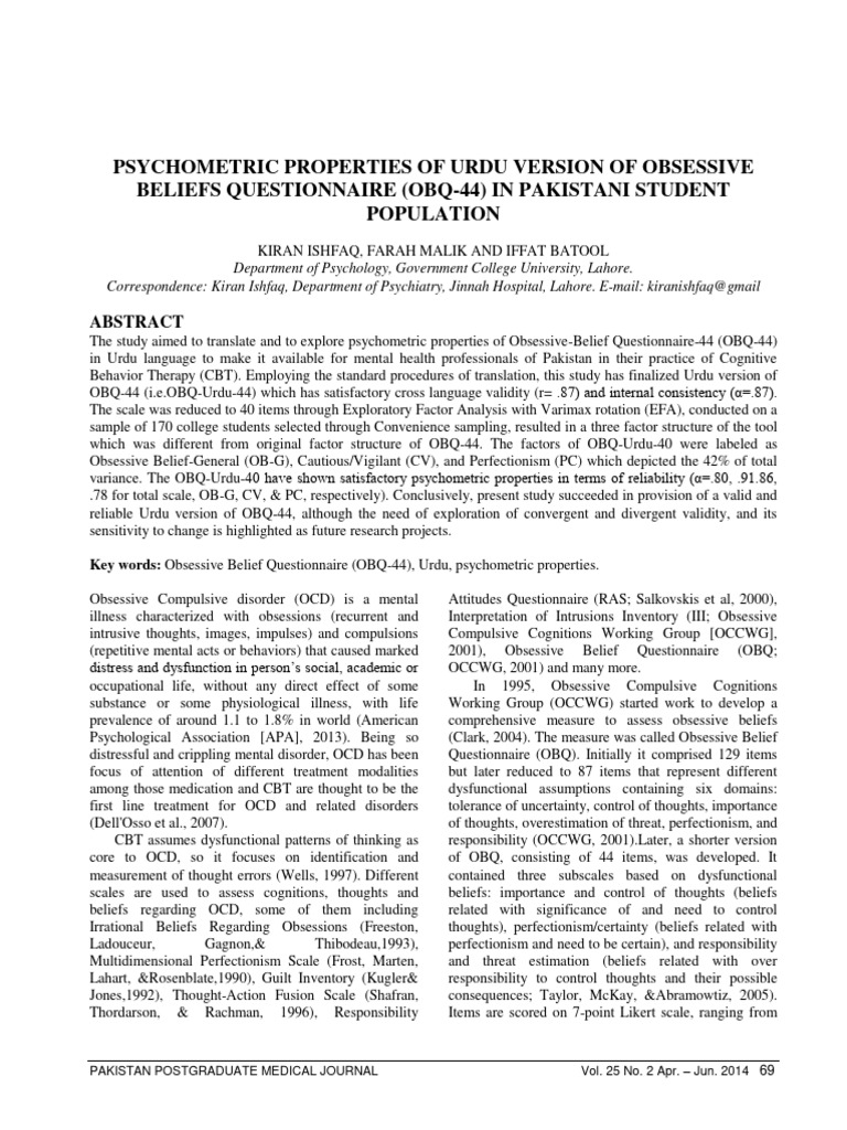 Psychometric Properties of Urdu Version | PDF | Obsessive–Compulsive Disorder | Validity ...