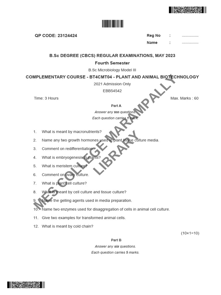 B.Sc Microbiology Exam Papers May 2023 | PDF | Cell Culture | Biology