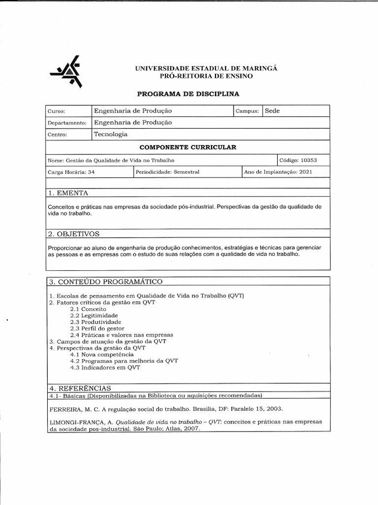Programa de Disciplina 10353 - Gestão Da Qualidade de Vida No Trabalho | PDF