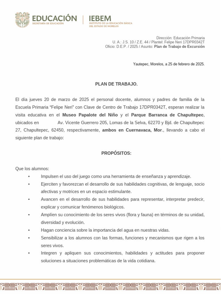 Plan de Excursión Escolar 2025 | PDF | Educación primaria | Naturaleza