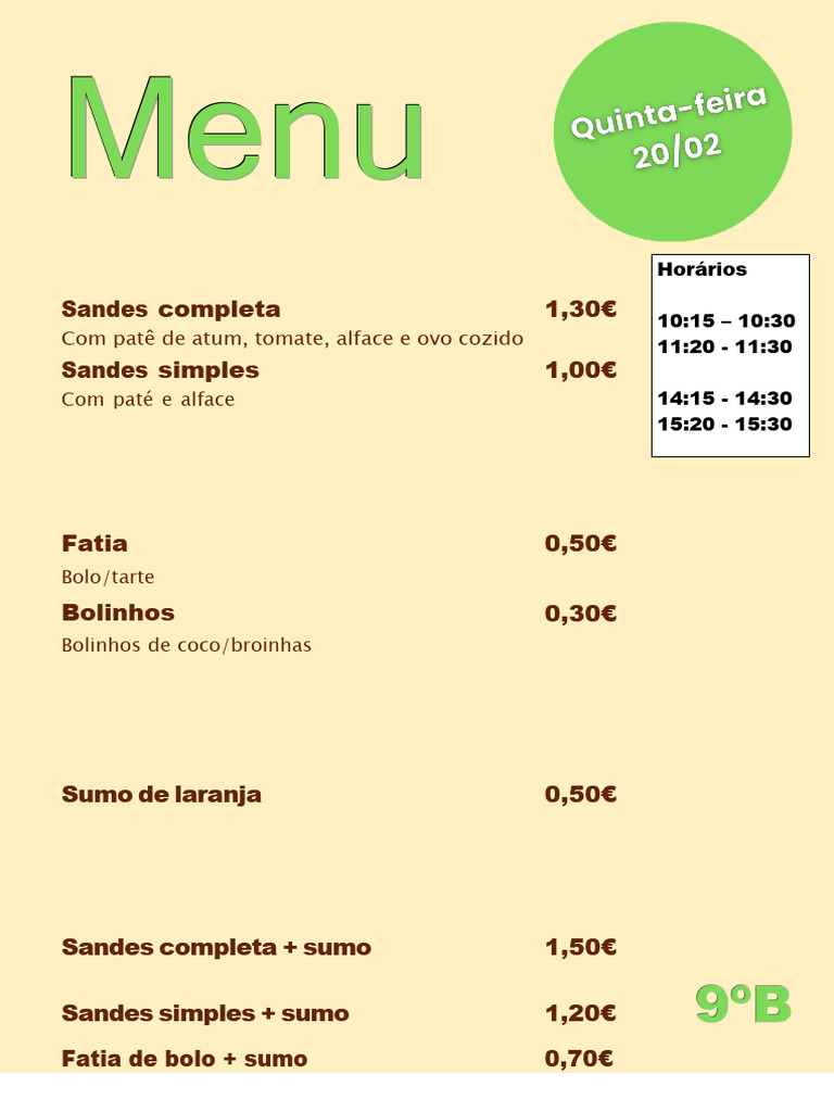 Menu de Sandes e Doces com Preços | PDF