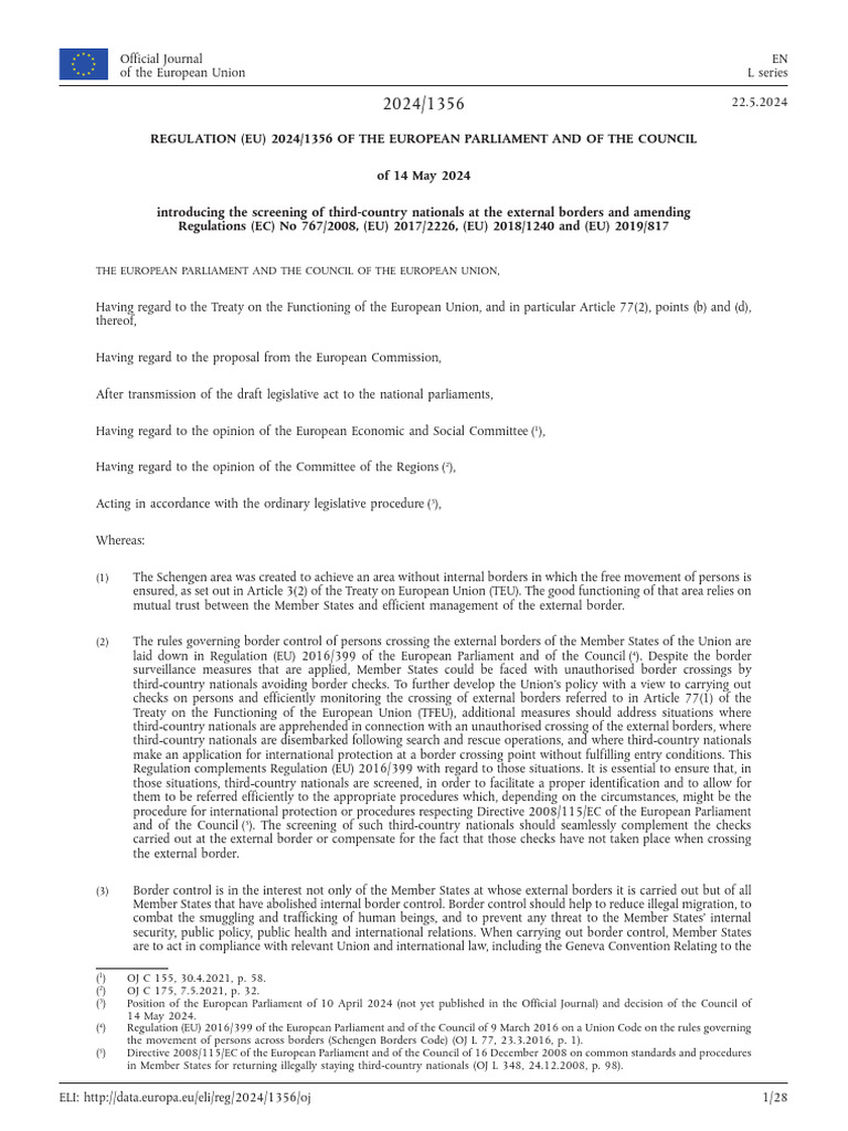 EU Regulation on Third-Country Border Screening | PDF | Identity ...