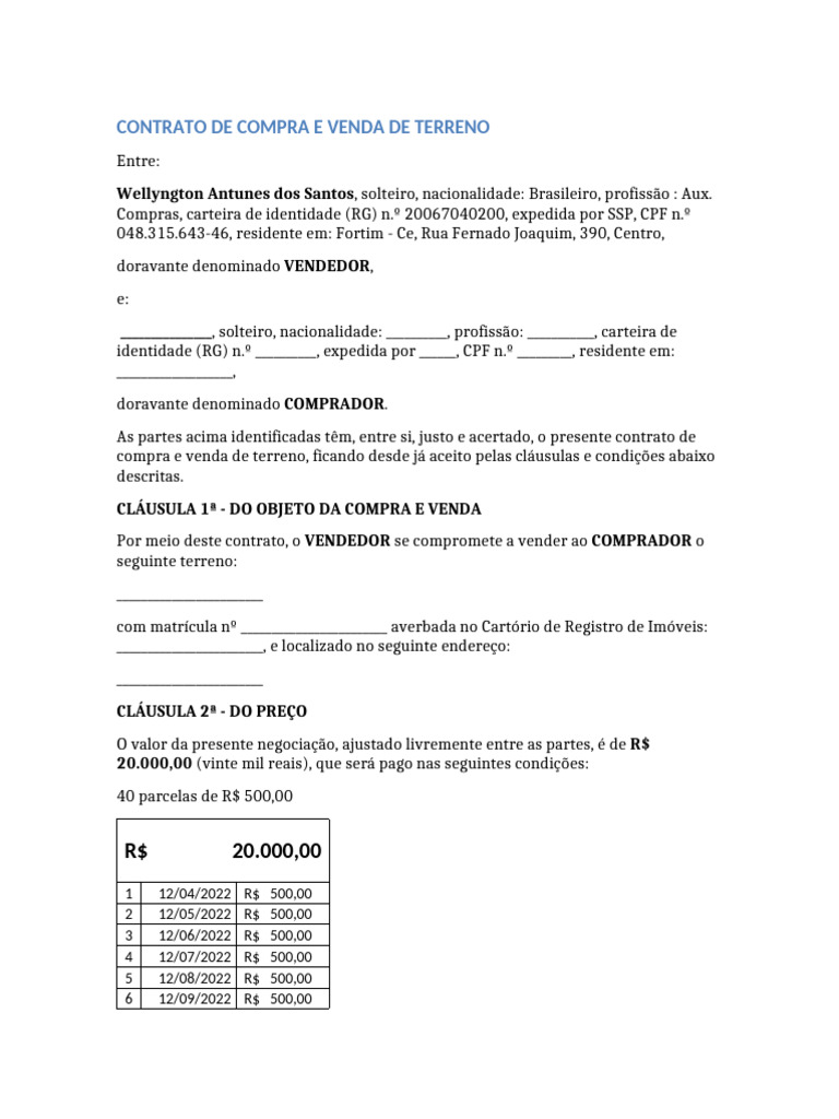 Modelo de Contrato de Compra e Venda de Terreno Simples para Word para ...
