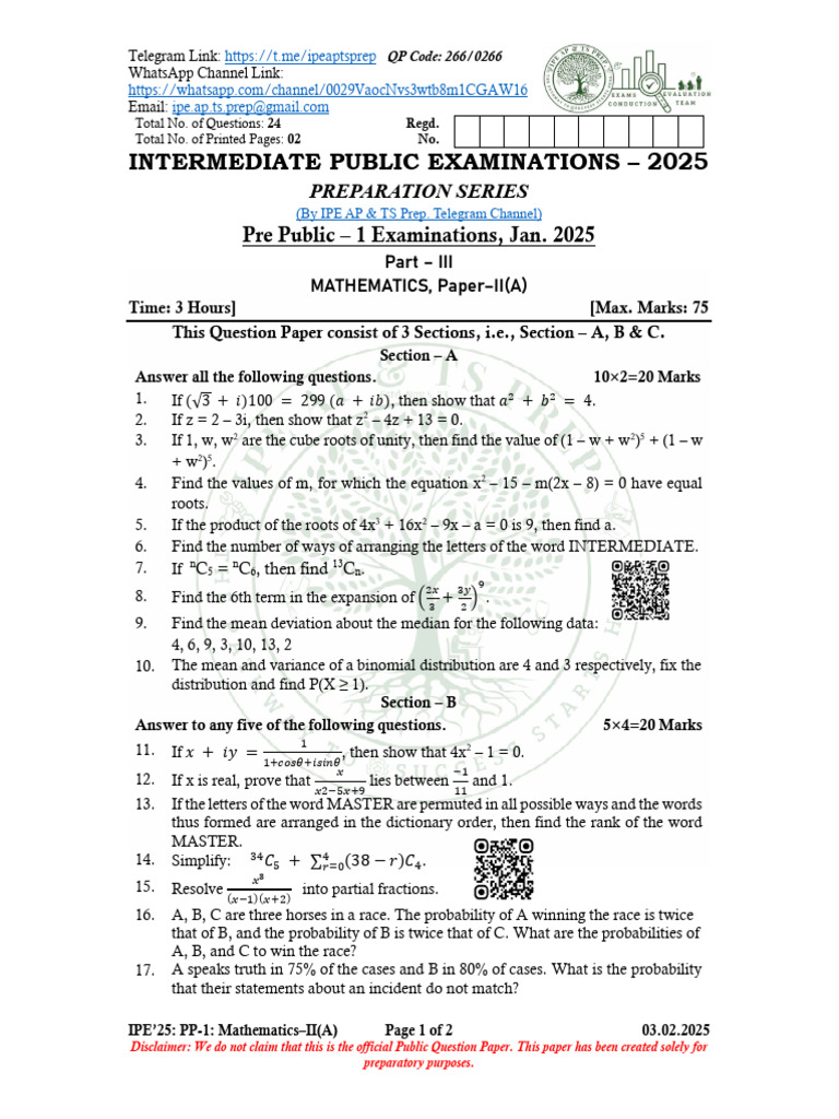 IPE'25 PP 1 Mathematics II (A) | PDF | Variance | Mathematics