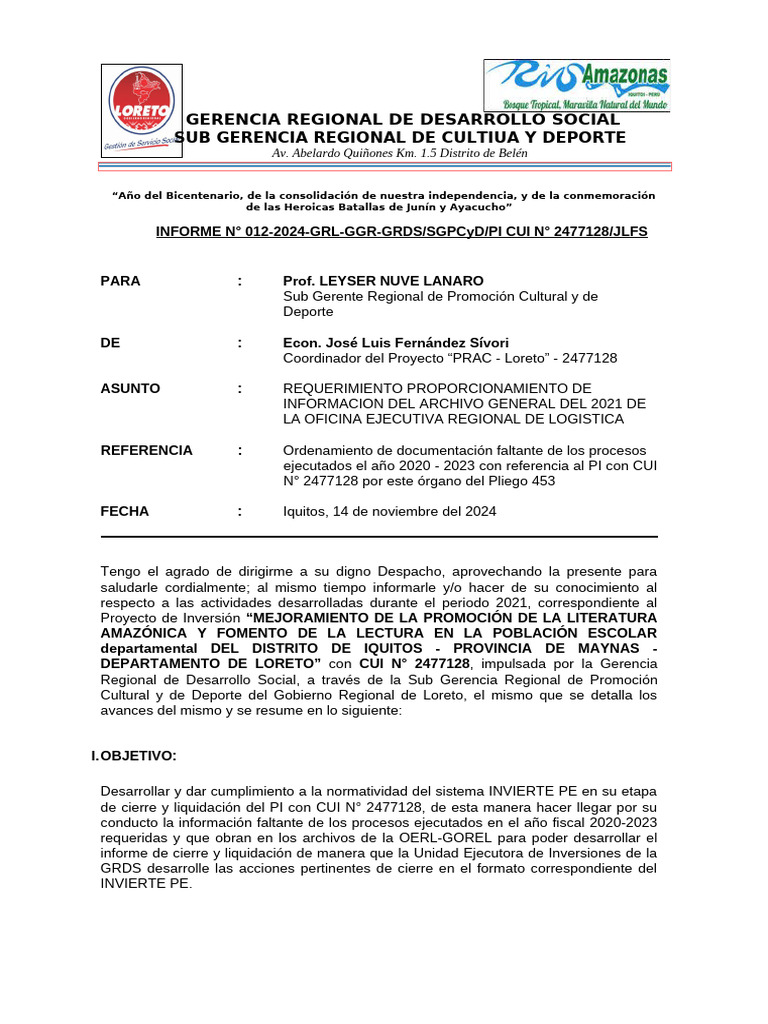 Informe 012 - Coordinador Sivori | PDF