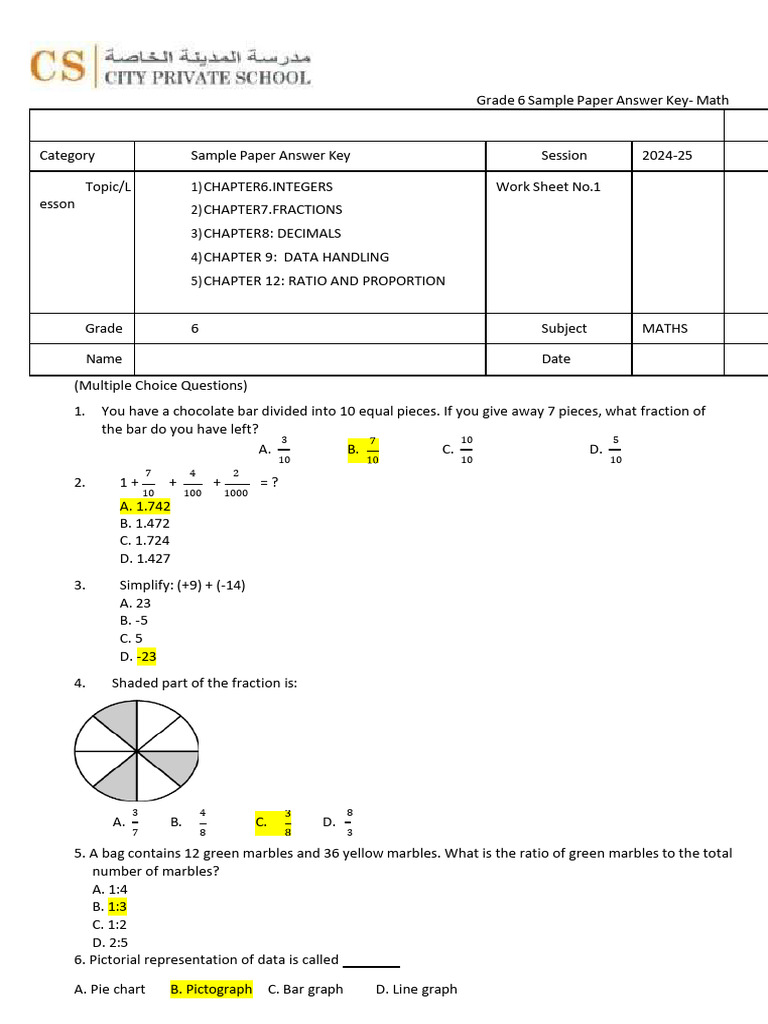 GRADE 6 Sample Paper - Answer Key Math 24-25 Updated | PDF | Numbers ...