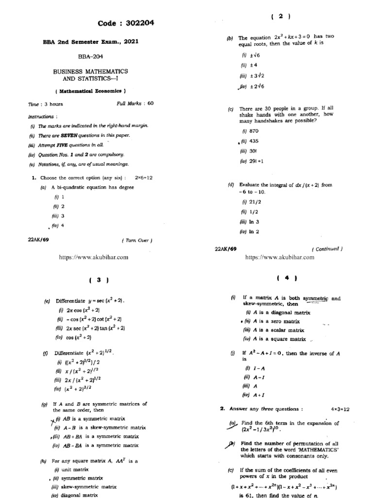Bba 2 Sem Business Mathematics and Statistics 1 Mathematical Economics ...
