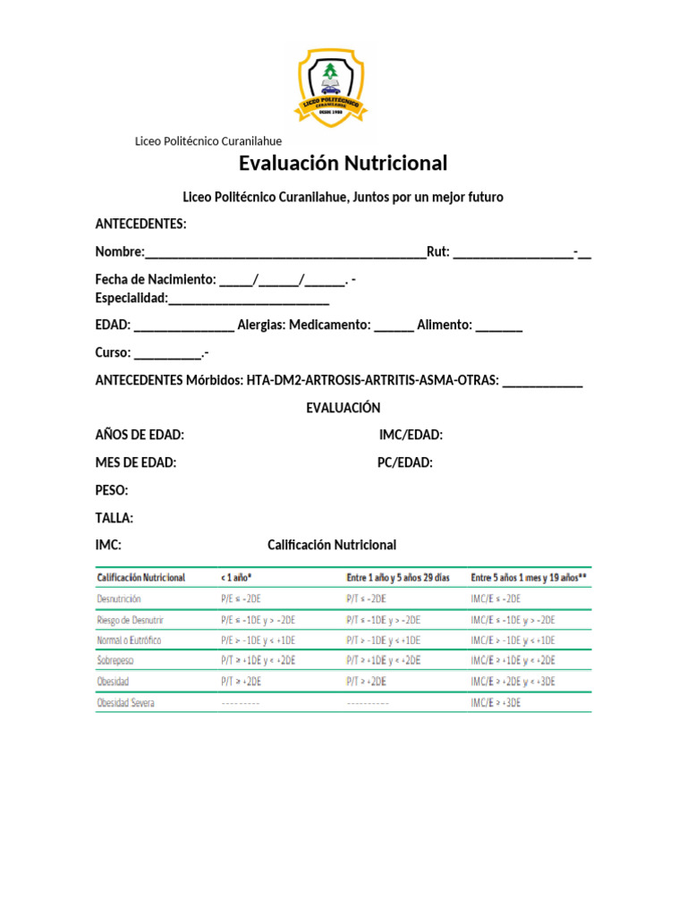 Formato de Evaluación Nutricional | PDF