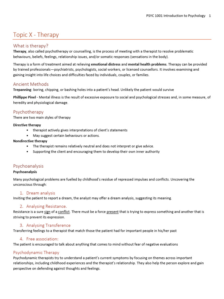 Topic 10_Therapy Lecture Notes | PDF | Psychotherapy | Psychoanalysis
