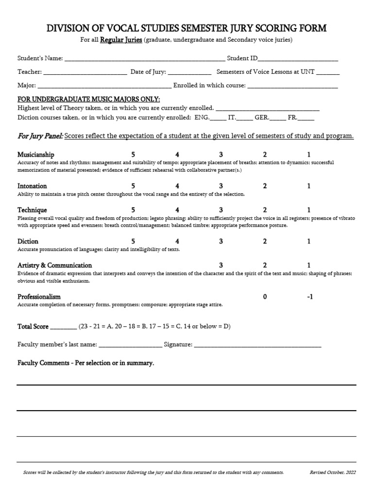 SCORING SHEET VOICE REGULAR JURY - Fillable | PDF | Vocal Pedagogy ...