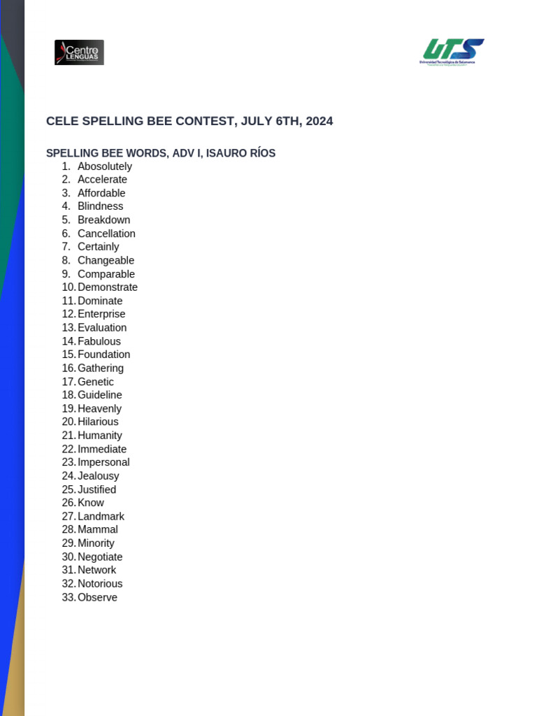 Spelling Bee Words Adv I-Ii-Iv | PDF