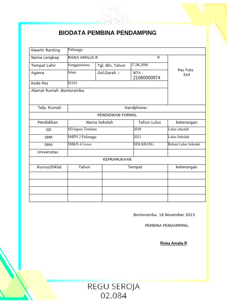 Biodata Pembina Pendamping Putri | PDF