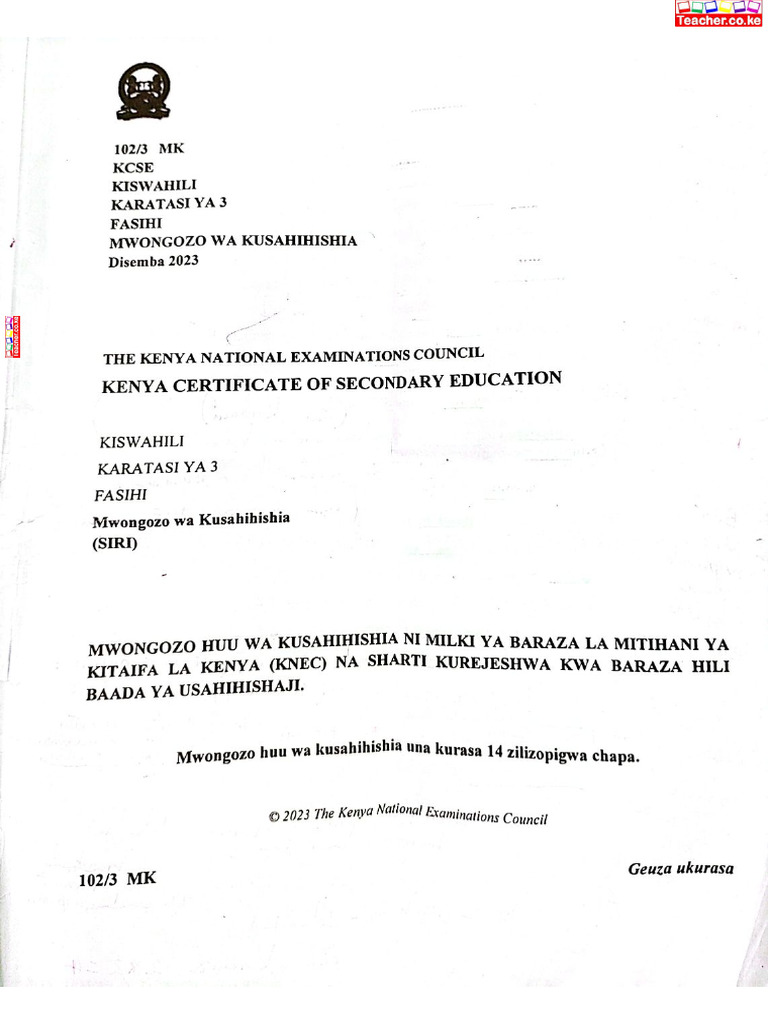 Kiswahili P3 MS KCSE 2023 Teacher - Co - .Ke | PDF