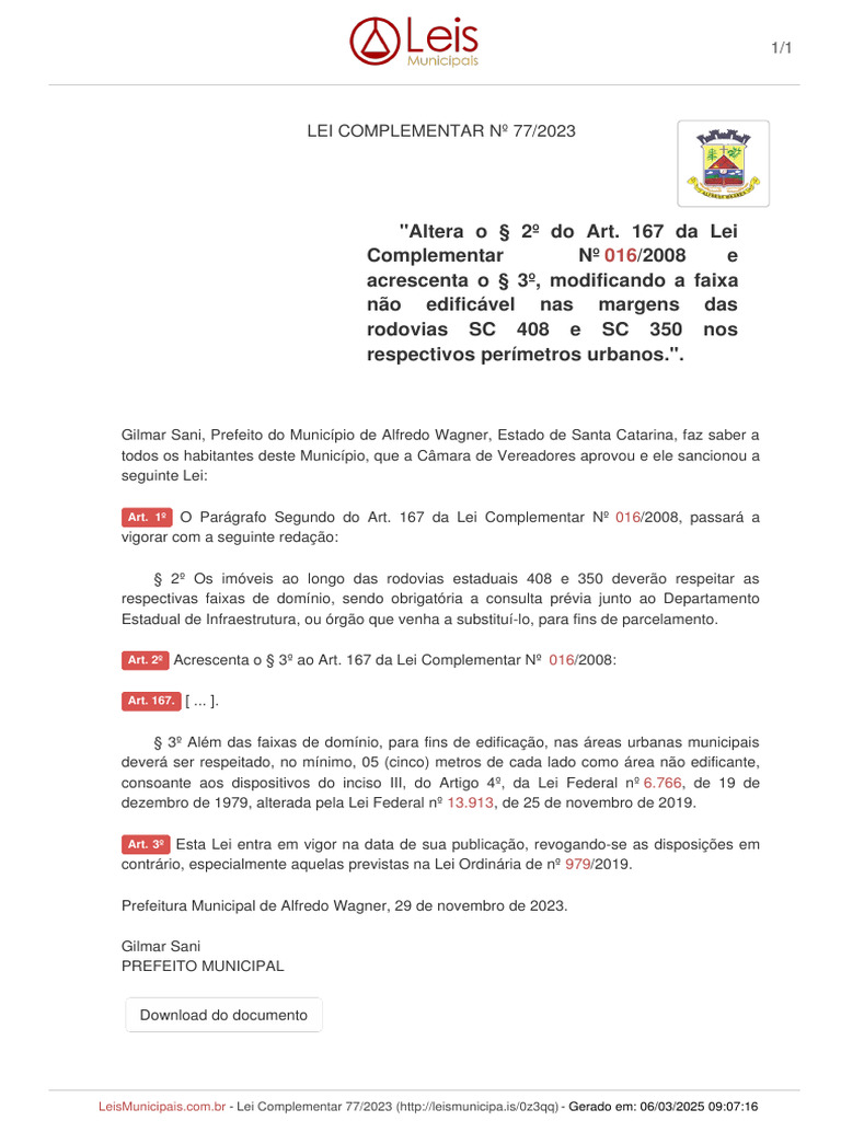 Alteração da Lei Complementar 77/2023 SC | PDF