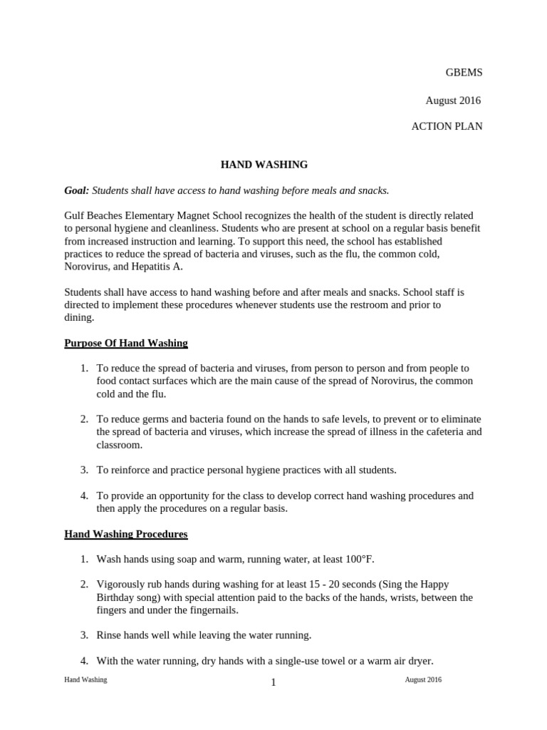Hand Washing Action Plan | PDF | Hand Washing | Hygiene