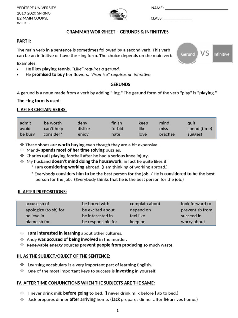 GR Worksheet-Gerunds & Infinitives & Key | PDF | Verb | Linguistics