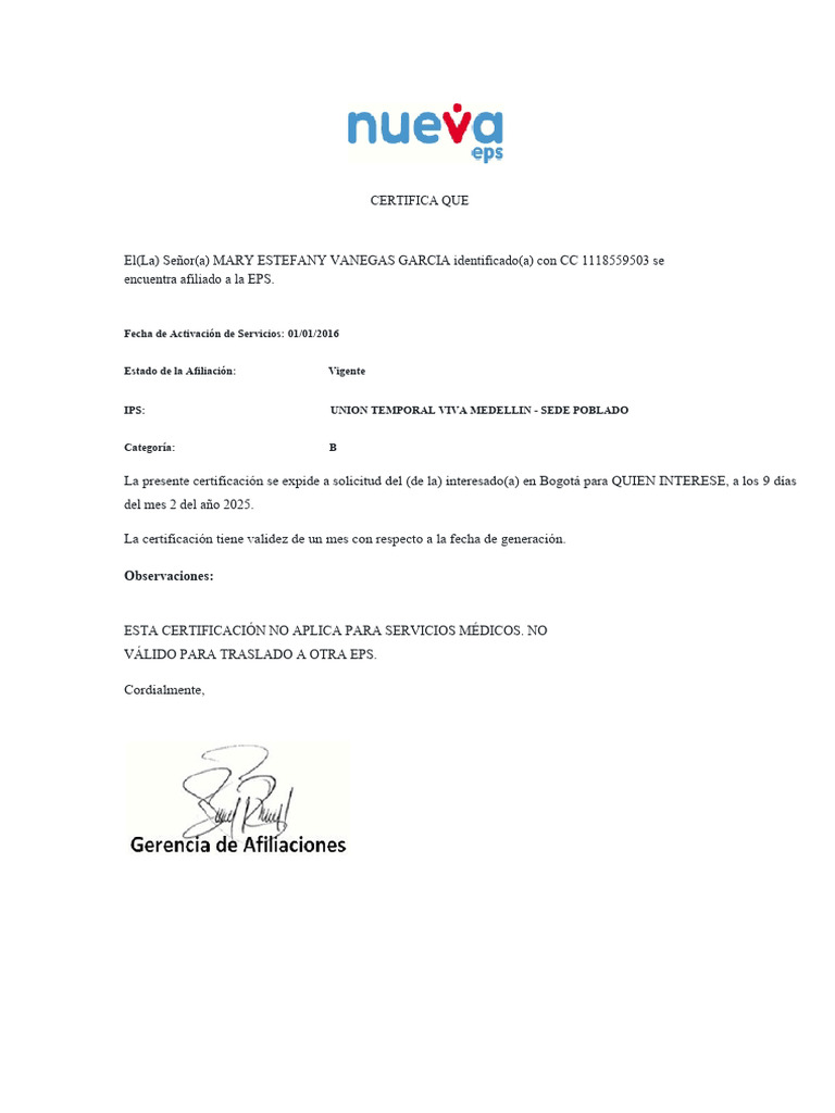 Certificado Afiliaci Ã N | PDF