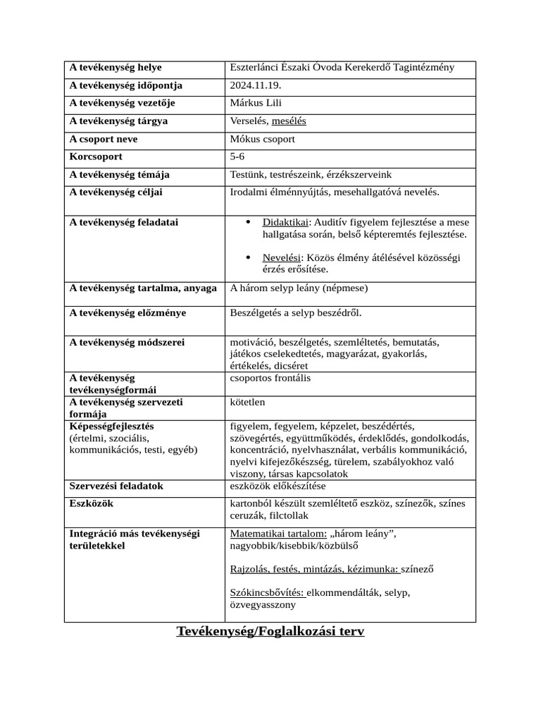 Verselés, Mesélés Tevékenység Tervezet | PDF