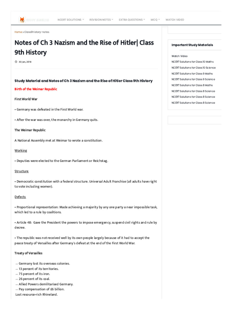 Notes of CH 3 Nazism and The Rise of Hitler - Class 9th History | PDF ...