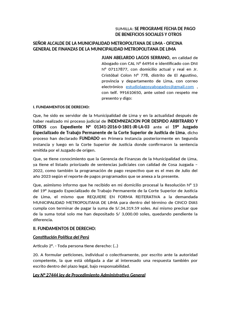 Escrito de Pago de Beneficios Sociales | PDF | Lima | Judicaturas